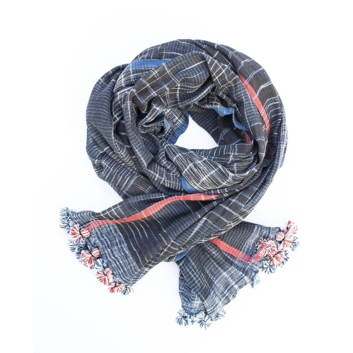 Handwoven Khadi Cotton Scarf - Indigo & Fuchsia - Indigo & Rust